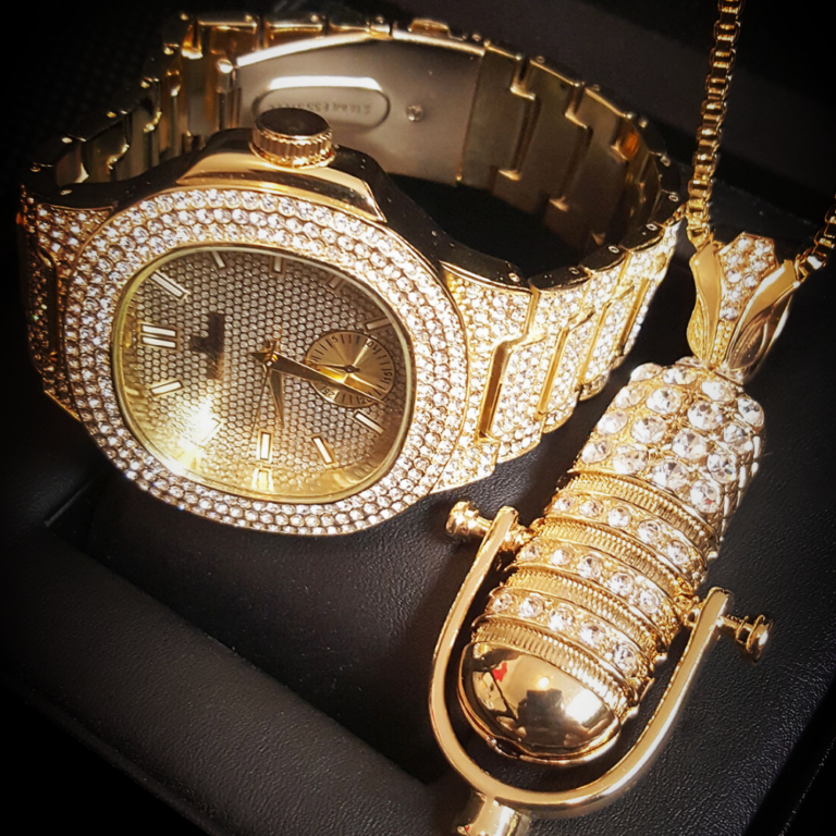 Men’s Iced Wristwatch With Rapper Mic Pendant 30″ Box Link Chain ...