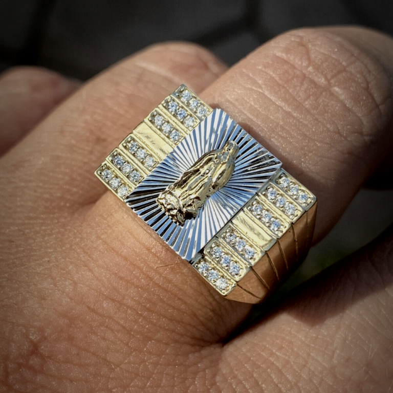 Men’s Two Tone Our Lady of Guadalupe Pinky Ring With 36 0.5ct Round-Cut ...