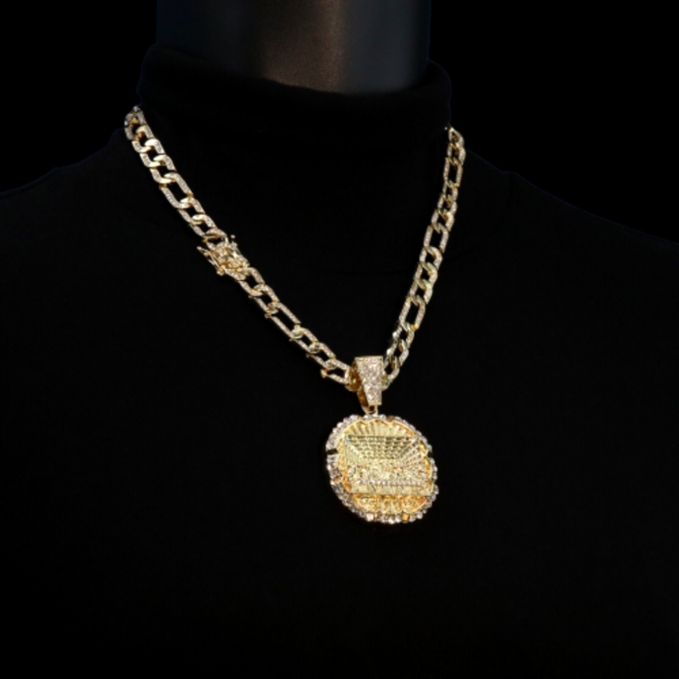 Round 3D Iced Last Supper Pendant with Rope Chain