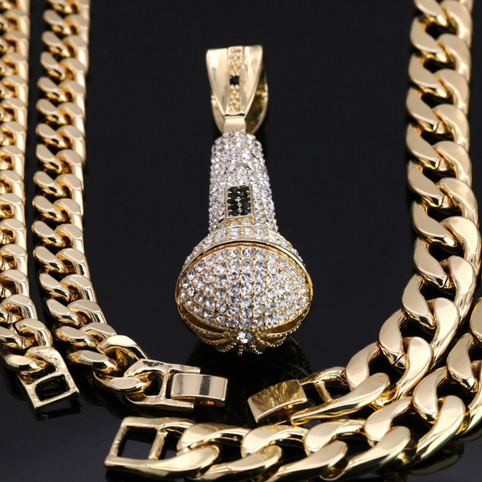 Men's Iced Wristwatch With Rapper Mic Pendant 30" Box Link Chain ...